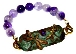 elaine coyne collectible artwear patina brass dragonflies interchangeable rockband bracelet - amethyst, charoite