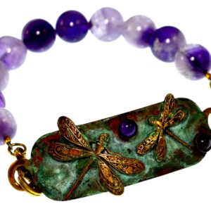 Elaine Coyne Collectible Artwear Patina Brass Dragonflies Interchangeable Rockband Bracelet - Amethyst, Charoite