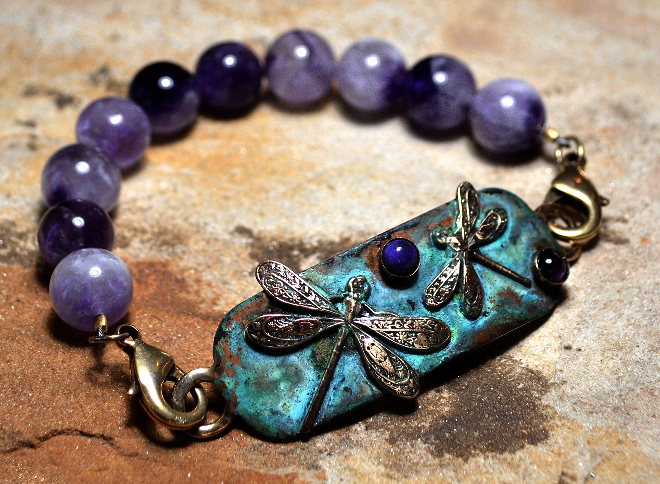 Elaine Coyne Collectible Artwear Patina Brass Dragonflies Interchangeable Rockband Bracelet - Amethyst, Charoite