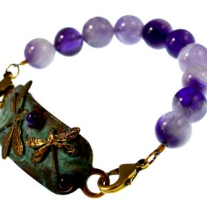 Elaine Coyne Collectible Artwear Patina Brass Dragonflies Interchangeable Rockband Bracelet - Amethyst, Charoite