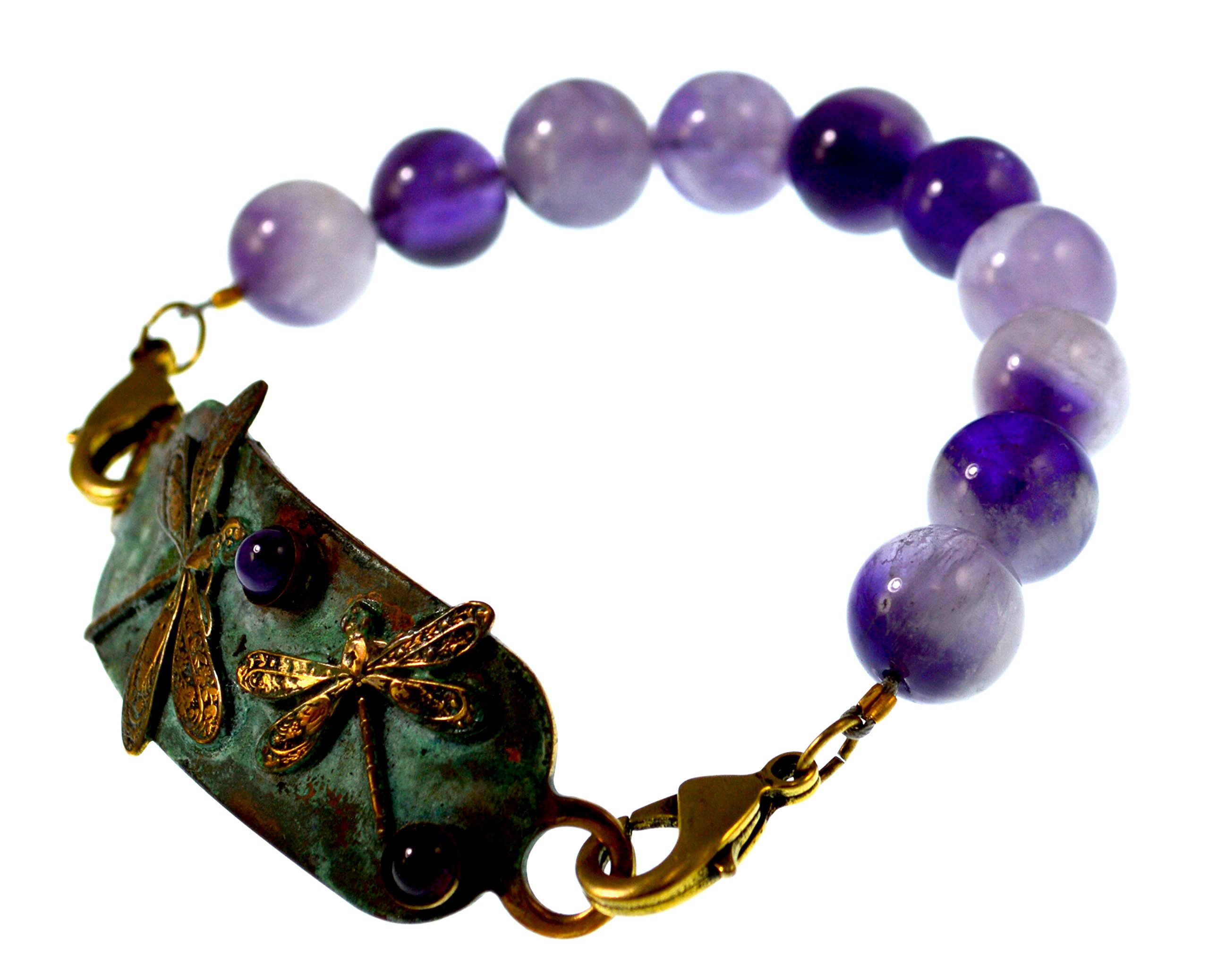 Elaine Coyne Collectible Artwear Patina Brass Dragonflies Interchangeable Rockband Bracelet - Amethyst, Charoite