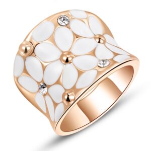 Fashion Month Womens Elegant White Enamel Flower Rose Gold Band Bloom Petal Wedding Engagement Ring Crystal Inlay Size 6