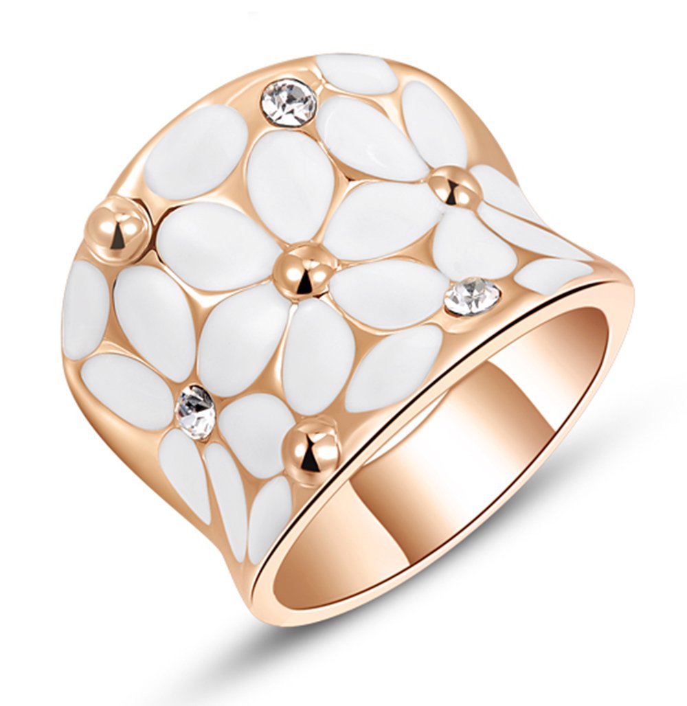 Fashion Month Womens Elegant White Enamel Flower Rose Gold Band Bloom Petal Wedding Engagement Ring Crystal Inlay Size 6