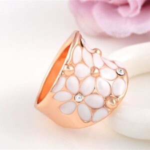 Fashion Month Womens Elegant White Enamel Flower Rose Gold Band Bloom Petal Wedding Engagement Ring Crystal Inlay Size 6