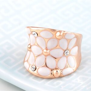 Fashion Month Womens Elegant White Enamel Flower Rose Gold Band Bloom Petal Wedding Engagement Ring Crystal Inlay Size 6