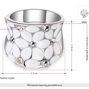 Fashion Month Womens Elegant Enamel Flower White Gold Band Bloom Petal Platinum Wedding Engagement Ring Crystal Inlay Size 8