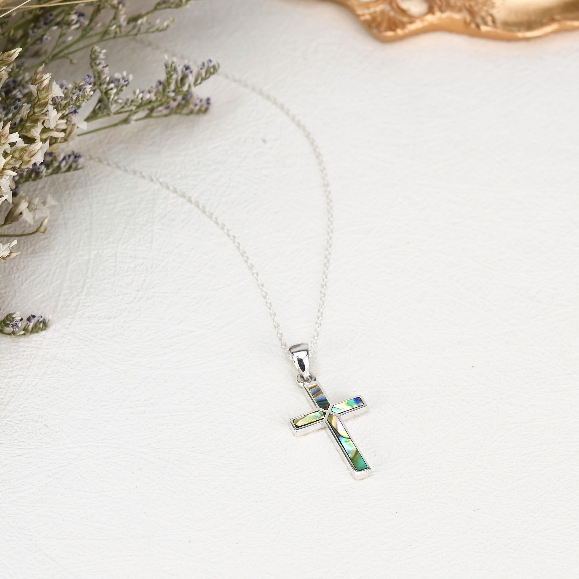 AeraVida Iridescent Cross of Faith Abalone Shell .925 Sterling Silver Necklace, 18 inch