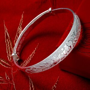 Women's 999 Solid Sterling Silver Chinese Dragon Phoenix Carved Adjustable Bangle Bracelet 27g Weight for Women | Dragon Jewelry for Women | Sterling Silver Bangle