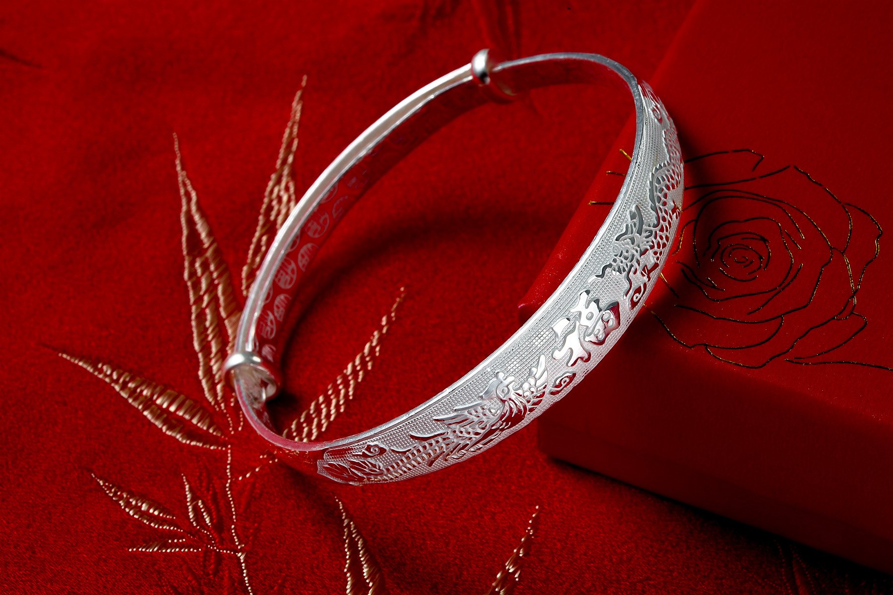 Women's 999 Solid Sterling Silver Chinese Dragon Phoenix Carved Adjustable Bangle Bracelet 27g Weight for Women | Dragon Jewelry for Women | Sterling Silver Bangle