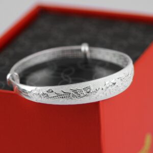 Women's 999 Solid Sterling Silver Chinese Dragon Phoenix Carved Adjustable Bangle Bracelet 27g Weight for Women | Dragon Jewelry for Women | Sterling Silver Bangle