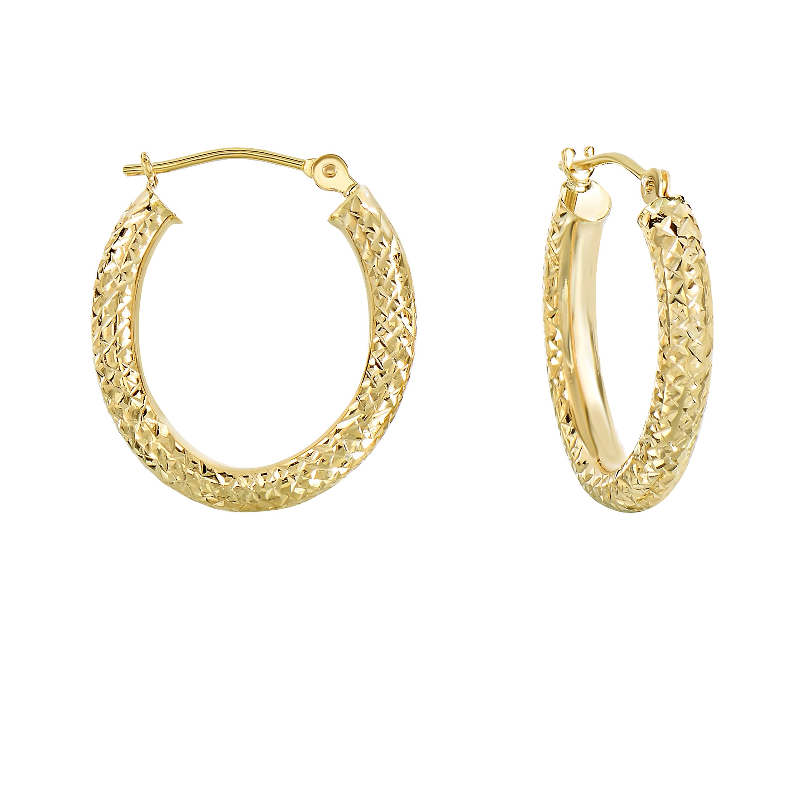 14k Yellow Gold X-pattern Diamond-cut Oval Hoop Earrings