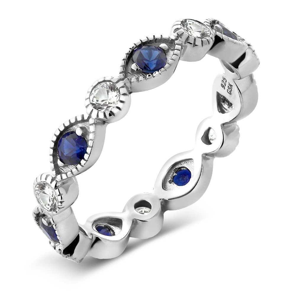 Gem Stone King 925 Sterling Silver White and Blue Created Sapphire Ring | 0.70 Cttw | Wedding Stackable Eternity Band Ring For Women | Available In Size 5, 6, 7, 8, 9