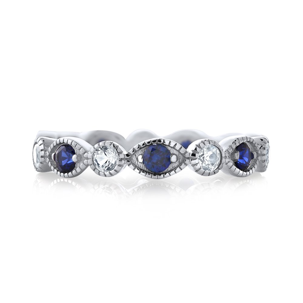 Gem Stone King 925 Sterling Silver White and Blue Created Sapphire Ring | 0.70 Cttw | Wedding Stackable Eternity Band Ring For Women | Available In Size 5, 6, 7, 8, 9