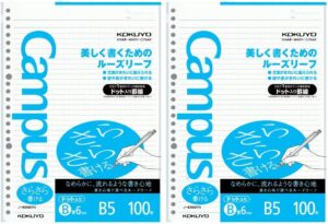 kokuyo campus loose leaf paper for binders, sarasara smooth writing, b5, b 6mm dotted ruled, 26 holes, 36 lines, 100 sheets, ph neutral, bleed resistant, 75gsm, pack of 2, japan import (no-836bt)