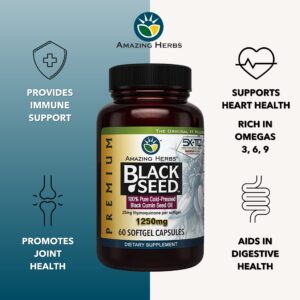 Amazing Herbs Premium Black Seed Oil Capsules - High Potency, Cold Pressed Nigella Sativa Aids in Digestive Health, Immune Support & Brain Function - 60 Count, 1250mg