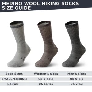 3 Pairs Thermal 80% Merino Wool Socks Hiking Crew, black, gray, brown, men’s shoe size 9-12, women’s 11-13