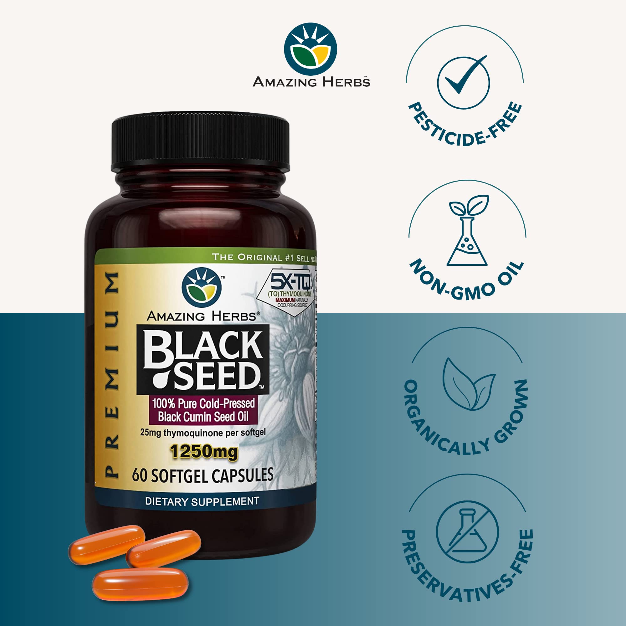 Amazing Herbs Premium Black Seed Oil Capsules - High Potency, Cold Pressed Nigella Sativa Aids in Digestive Health, Immune Support & Brain Function - 60 Count, 1250mg