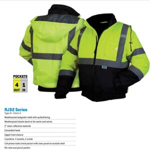 Pyramex Safety RJ3210XL RJ32 Series Jackets Hi-Vis Lime Bomber Jacket with Quilted Lining- Size Extra Large