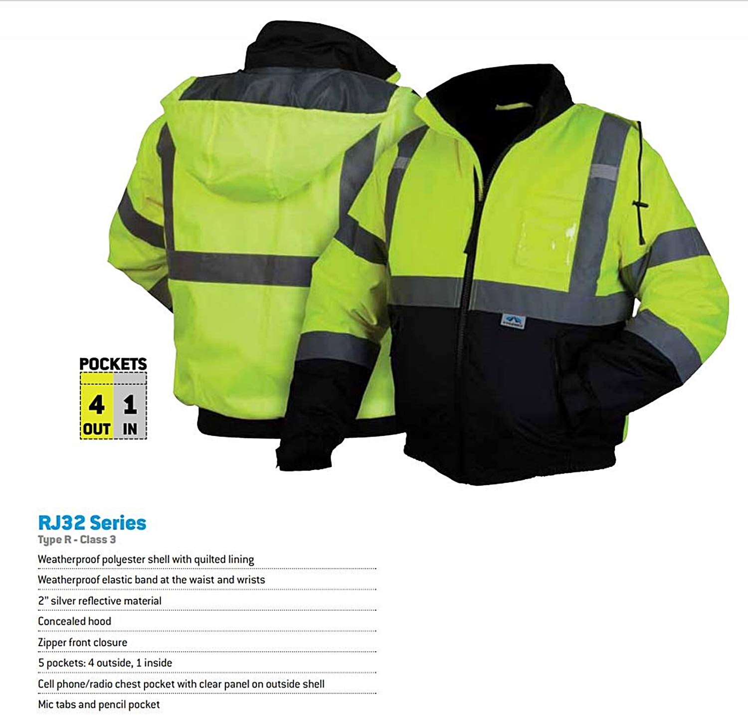 Pyramex Safety RJ3210XL RJ32 Series Jackets Hi-Vis Lime Bomber Jacket with Quilted Lining- Size Extra Large