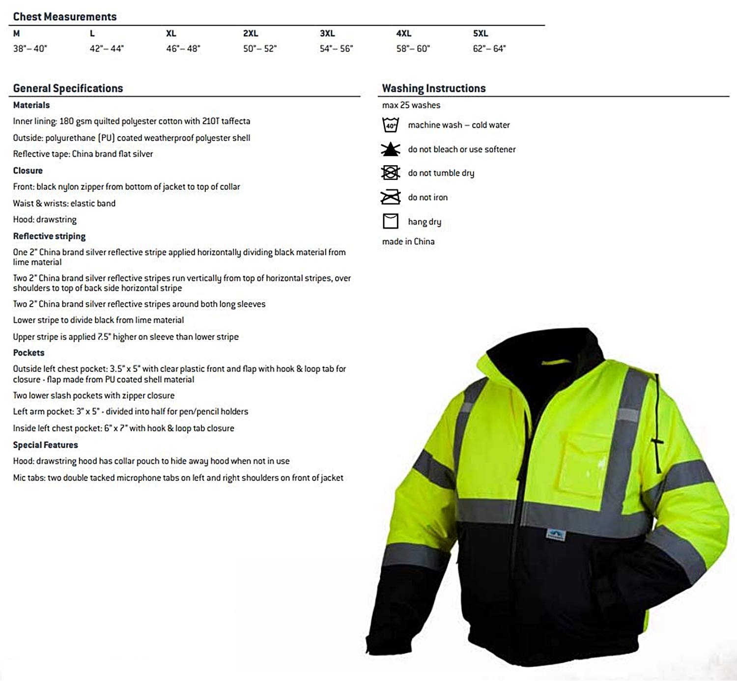 Pyramex Safety RJ3210XL RJ32 Series Jackets Hi-Vis Lime Bomber Jacket with Quilted Lining- Size Extra Large