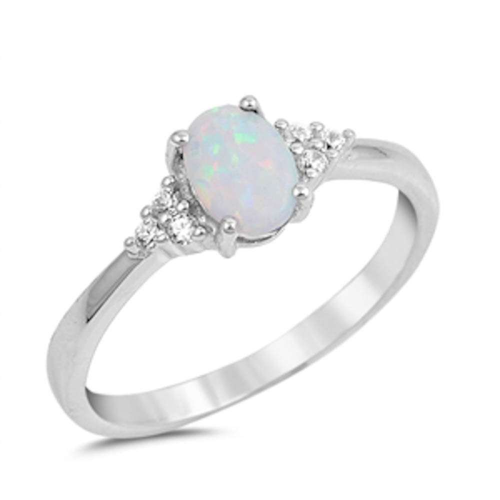 Oxford Diamond Co Oval Lab Created White Opal & Round Cubic Zirconia .925 Sterling Silver Ring Size 8