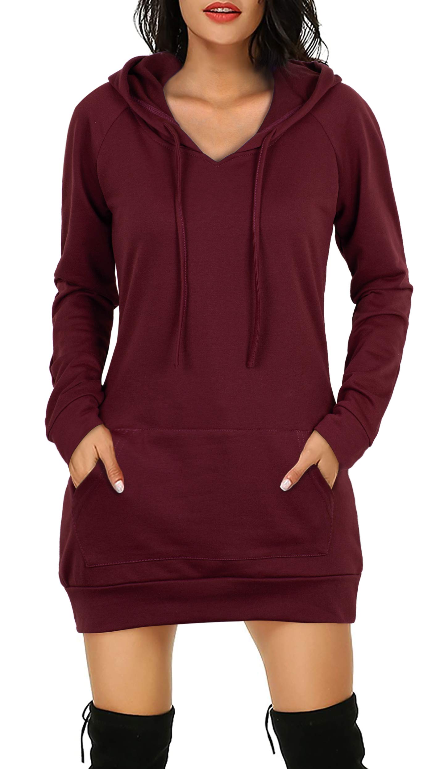 BEPEI Hoodies for Women,Fashion V Neck Pocket Jersey Shirt Fall Trend Dressy Blouses Long Sleeve Drawstrings Sweatshirts Comfy A Line Tunic Top 2024 Oversized Plus Size Wine 2XL