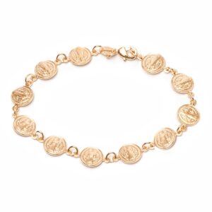 barzel 18k gold plated religious bracelet with saint benedict coins, 7.5 inches - made in brazil