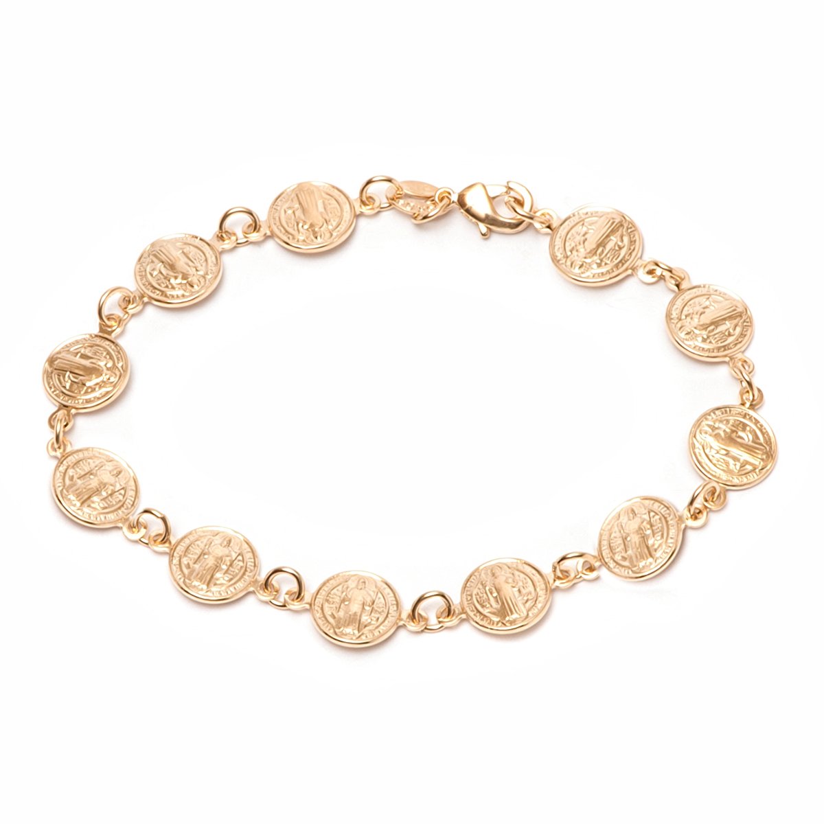 Barzel 18K Gold Plated Religious Bracelet with Saint Benedict Coins, 7.5 Inches - Made In Brazil