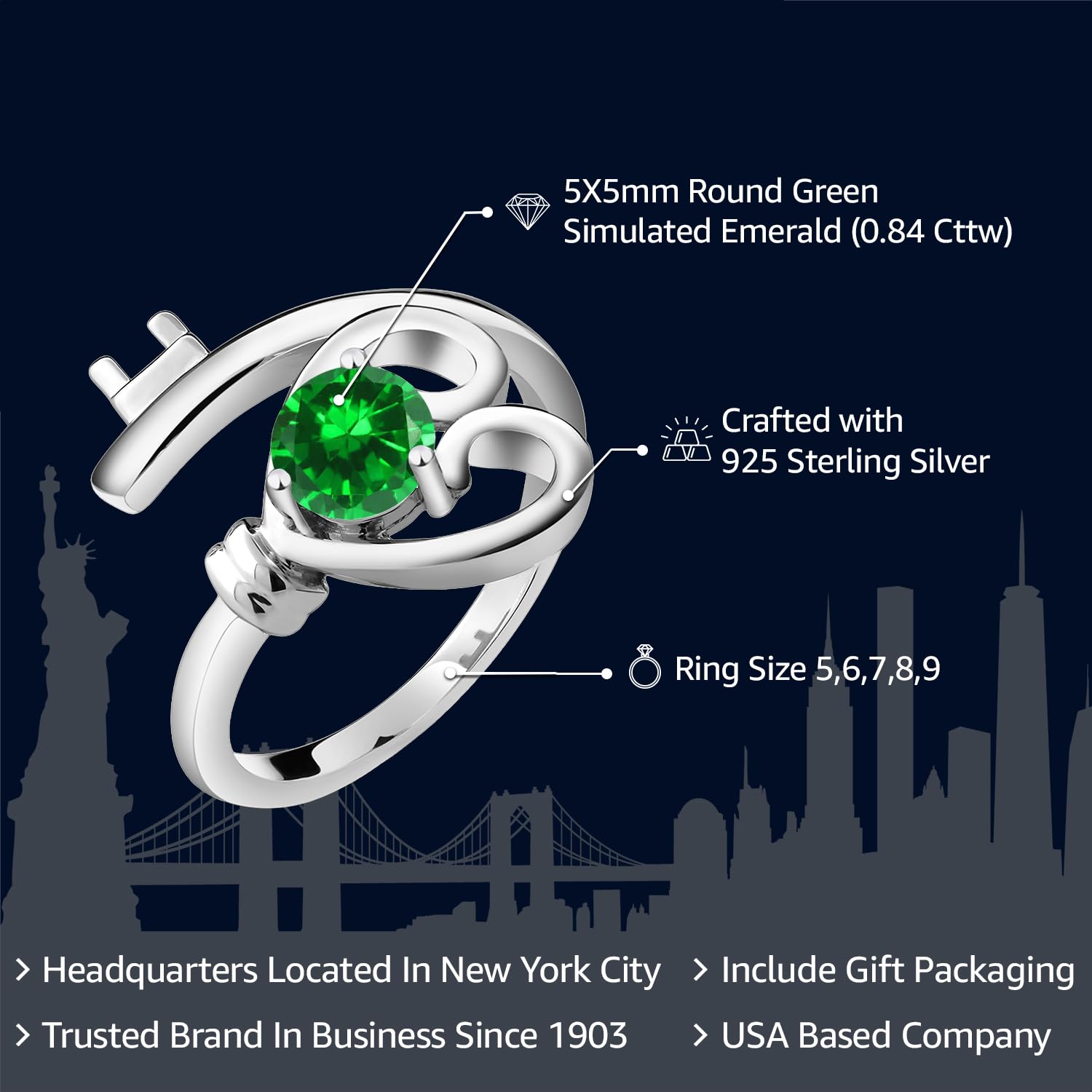 Gem Stone King 925 Sterling Silver Green Simulated Emerald Heart Key Ring For Women (0.84 Cttw, Round 5MM, Available In Size 5, 6, 7, 8, 9)