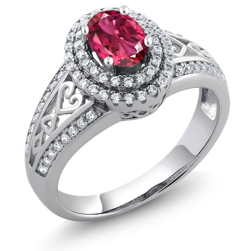 Gem Stone King 1.24 Cttw Pink Tourmaline Engagement Ring For Women In 925 Sterling Silver | Oval 6X4MM | Available In Size 5,6,7,8,9