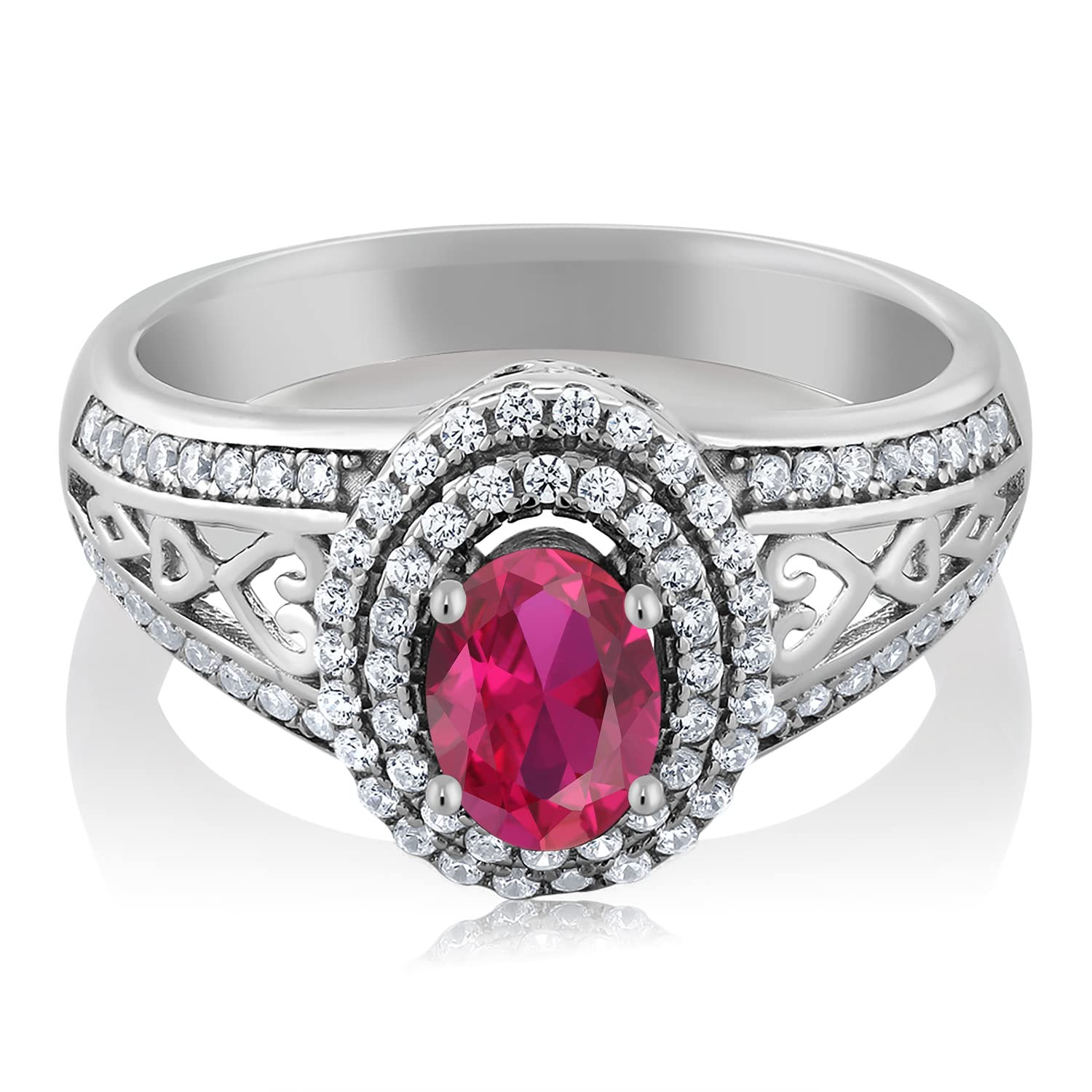 Gem Stone King 925 Sterling Silver Red Created Ruby Ring For Women | 1.36 Cttw | Oval 6X4MM | Available In Size 5,6,7,8,9