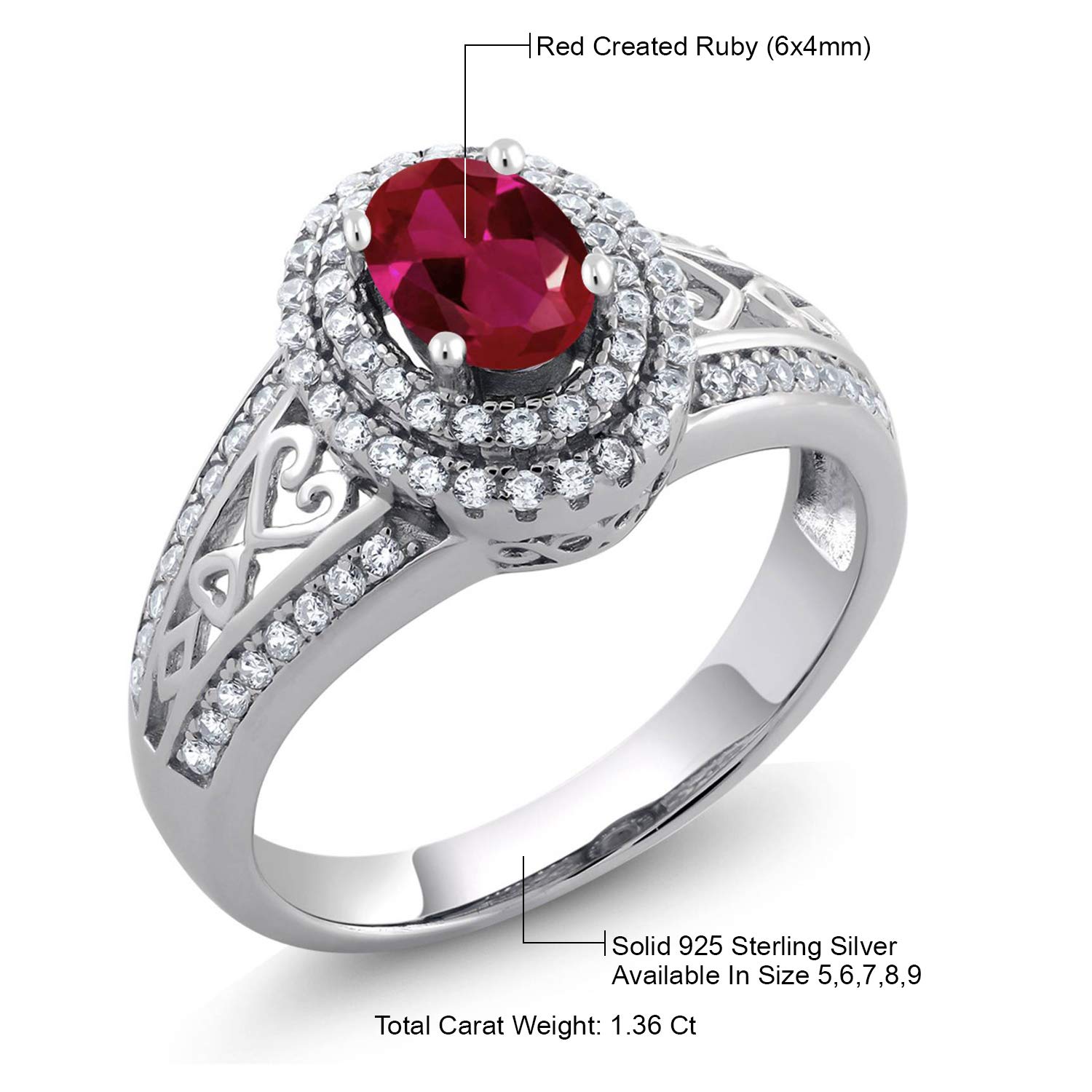 Gem Stone King 925 Sterling Silver Red Created Ruby Ring For Women | 1.36 Cttw | Oval 6X4MM | Available In Size 5,6,7,8,9