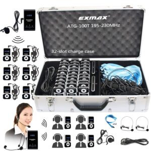 exmax atg-100t 195mhz wireless tour guide system voice audio transmission +32-slot charge case for school teaching tour guides conference church translation city trip(2 transmitters and 30 receivers)