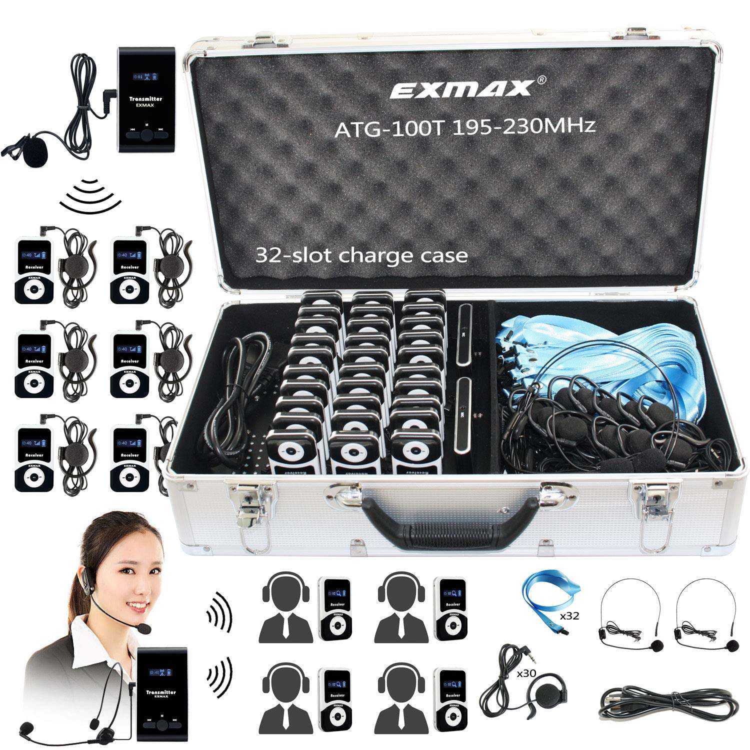 EXMAX ATG-100T 195MHz Wireless Tour Guide System Voice Audio Transmission +32-Slot Charge Case for School Teaching Tour Guides Conference Church Translation City Trip(2 Transmitters and 30 Receivers)