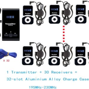 EXMAX ATG-100T 195MHz Wireless Tour Guide System Voice Audio Transmission +32-Slot Charge Case for School Teaching Tour Guides Conference Church Translation City Trip(2 Transmitters and 30 Receivers)