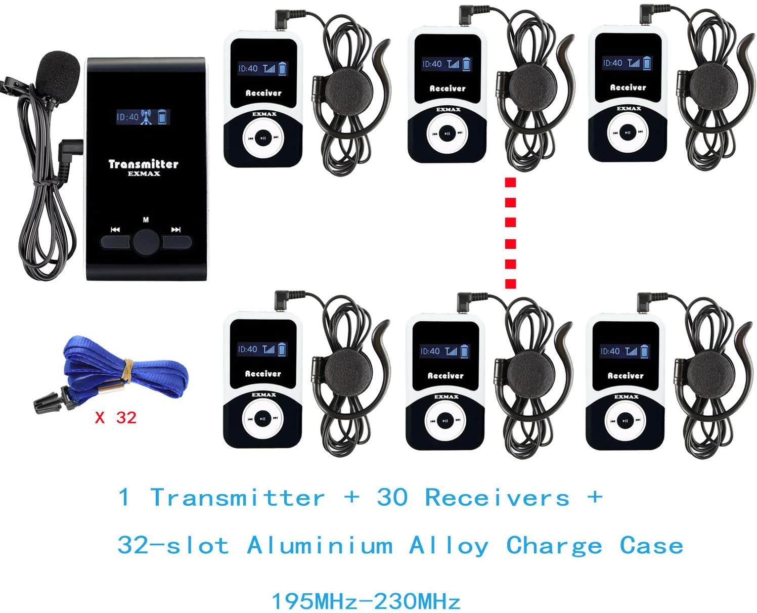 EXMAX ATG-100T 195MHz Wireless Tour Guide System Voice Audio Transmission +32-Slot Charge Case for School Teaching Tour Guides Conference Church Translation City Trip(2 Transmitters and 30 Receivers)