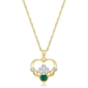 morgan & paige 18k yellow gold-plated .925 sterling silver lab-grown emerald diamond-accented 1" claddagh heart pendant necklace on 18" chain - may birthstone