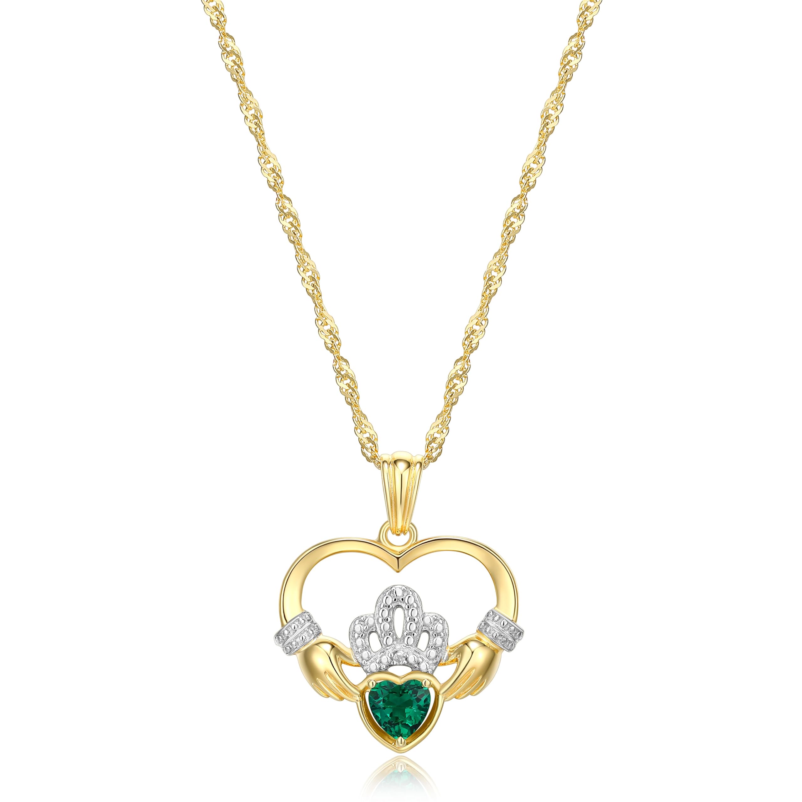 MORGAN & PAIGE 18K Yellow Gold-Plated .925 Sterling Silver Lab-Grown Emerald Diamond-Accented 1" Claddagh Heart Pendant Necklace on 18" Chain - May Birthstone