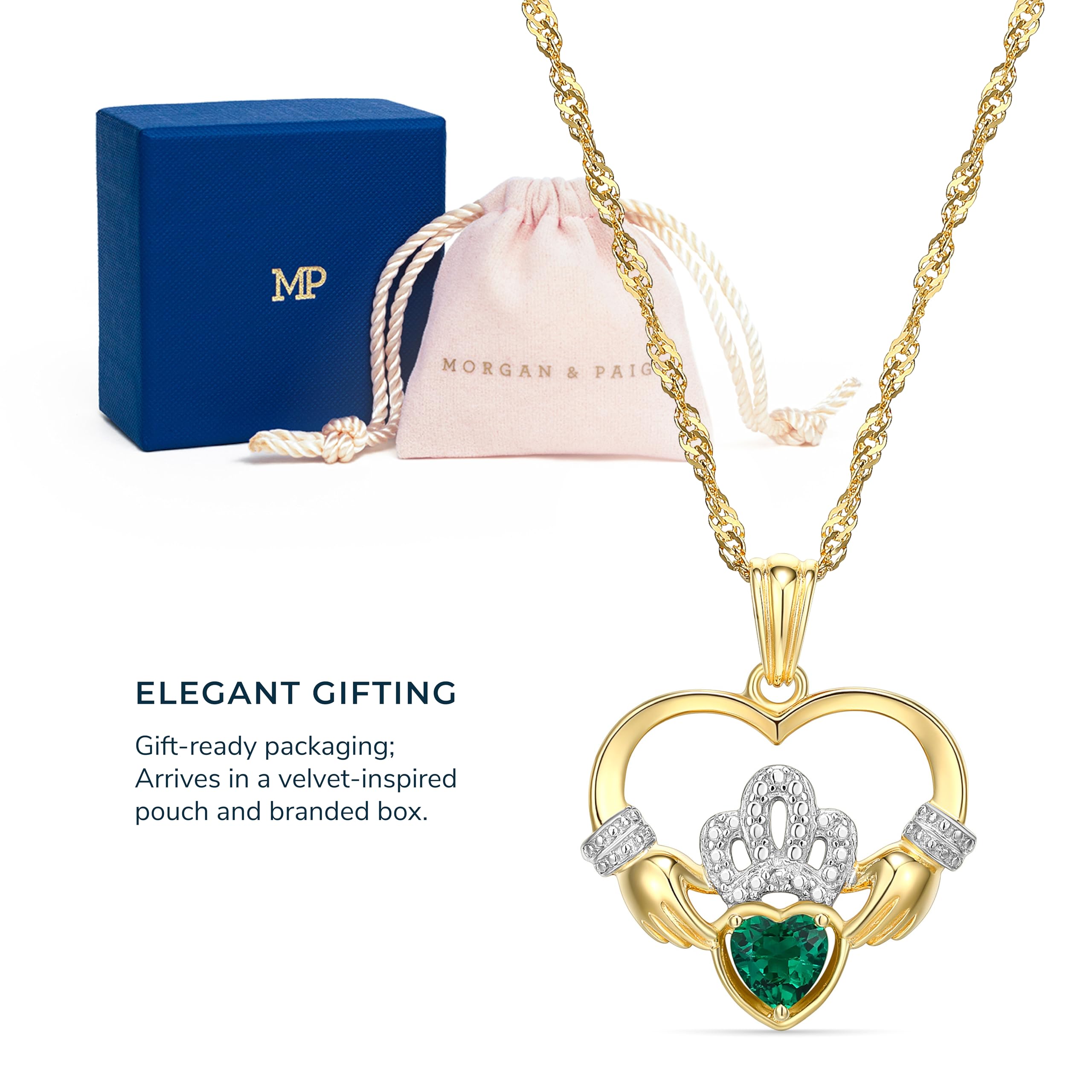 MORGAN & PAIGE 18K Yellow Gold-Plated .925 Sterling Silver Lab-Grown Emerald Diamond-Accented 1" Claddagh Heart Pendant Necklace on 18" Chain - May Birthstone