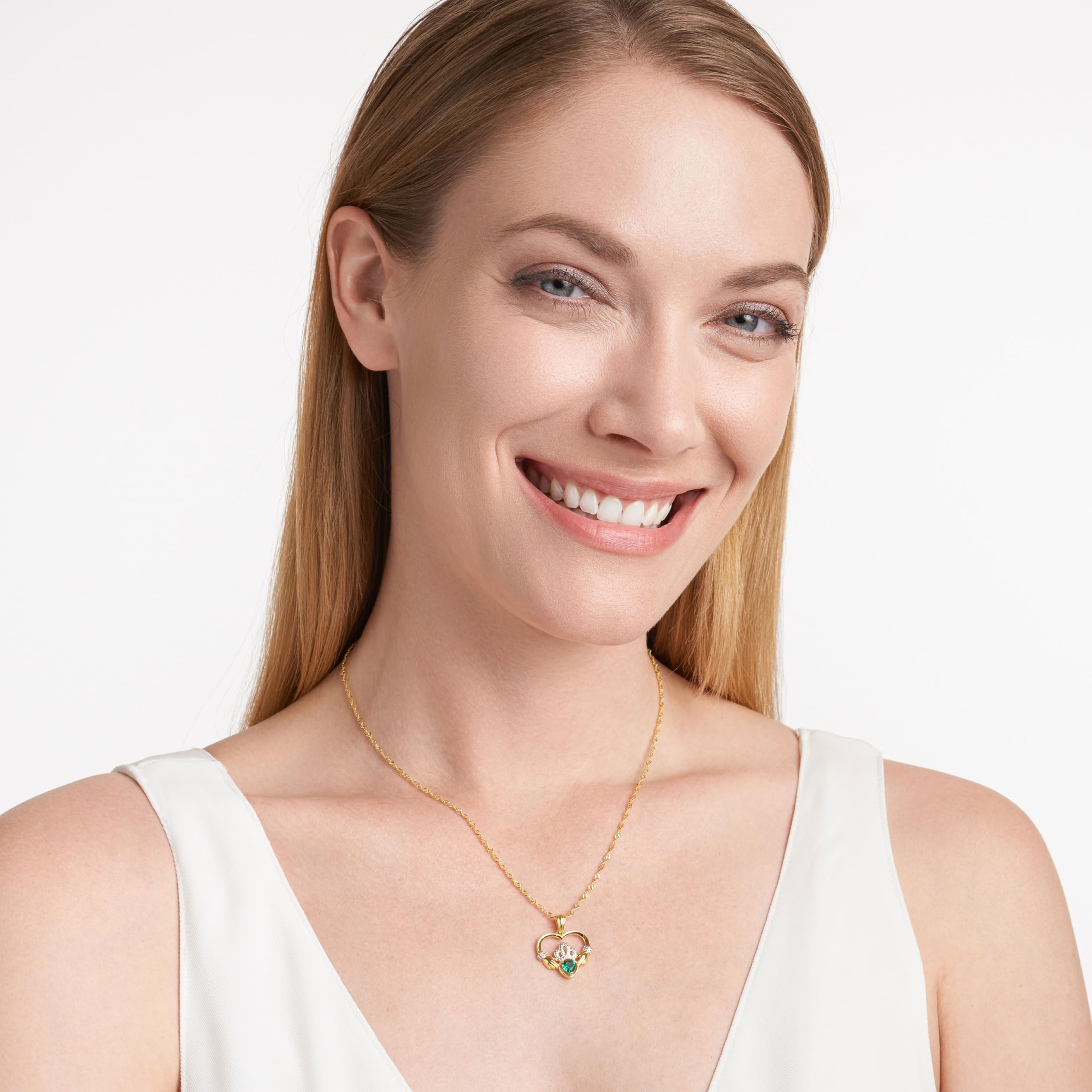 MORGAN & PAIGE 18K Yellow Gold-Plated .925 Sterling Silver Lab-Grown Emerald Diamond-Accented 1" Claddagh Heart Pendant Necklace on 18" Chain - May Birthstone