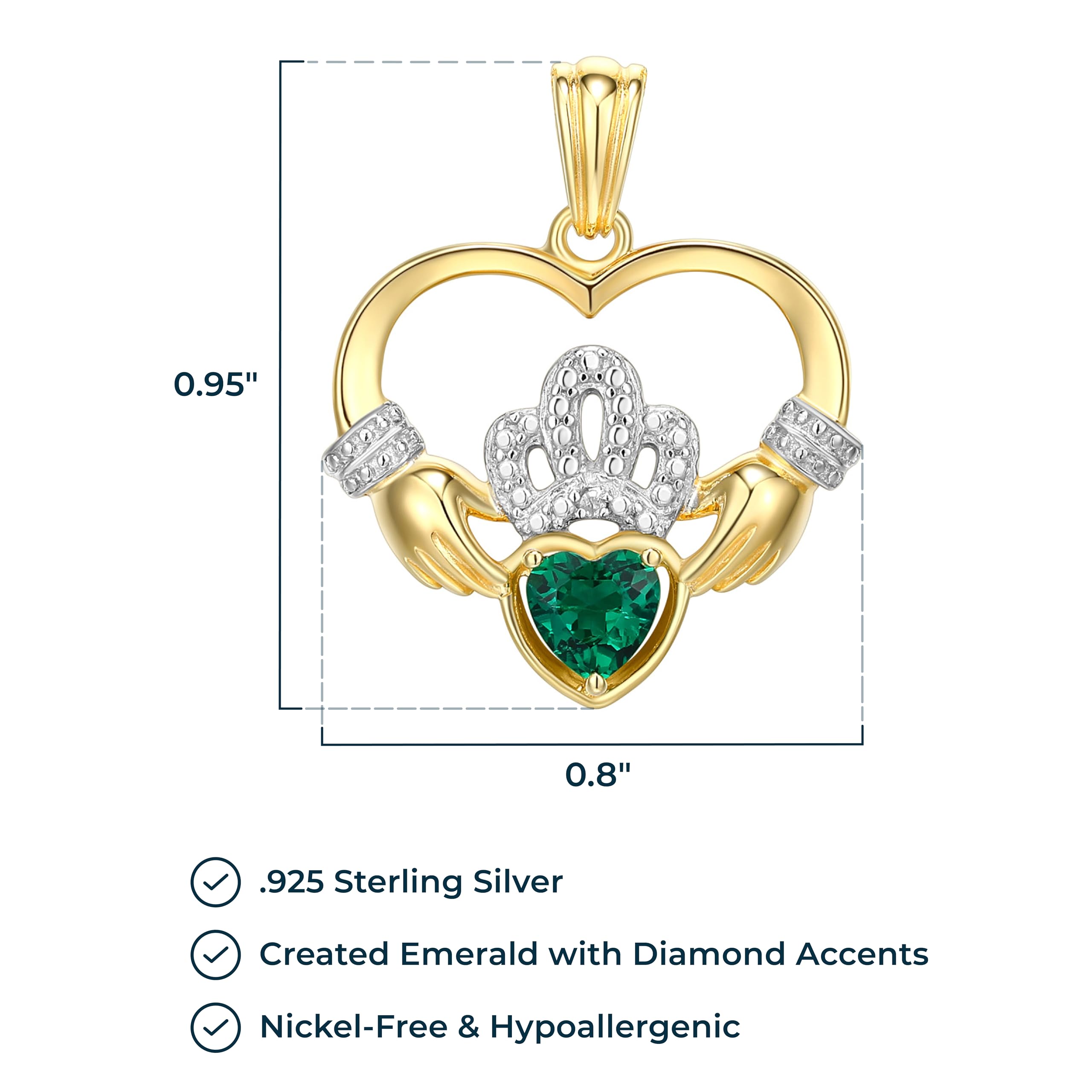 MORGAN & PAIGE 18K Yellow Gold-Plated .925 Sterling Silver Lab-Grown Emerald Diamond-Accented 1" Claddagh Heart Pendant Necklace on 18" Chain - May Birthstone