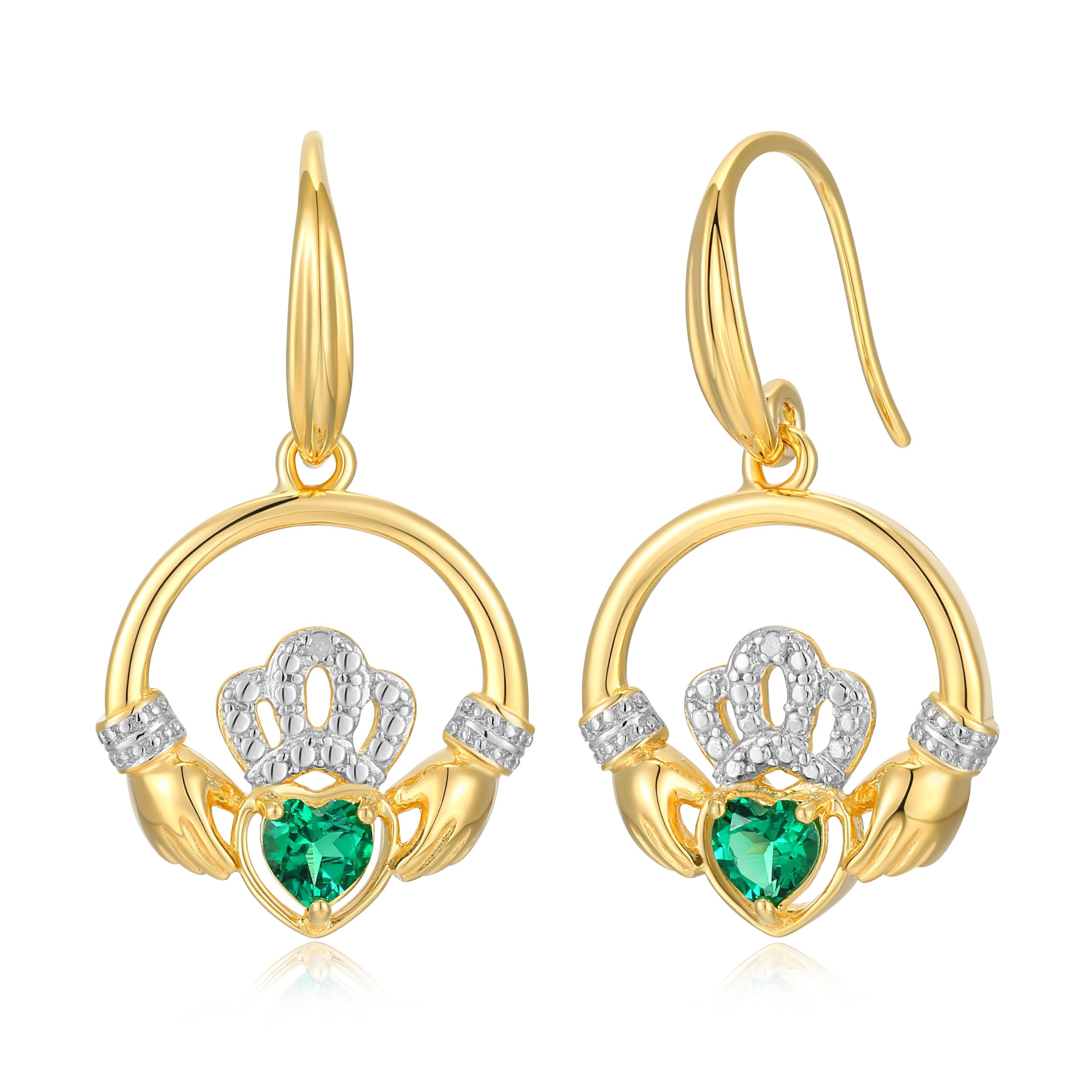 MORGAN & PAIGE 18K Yellow Gold Plated .925 Sterling Silver Created Emerald Diamond-Accent Round Claddagh Heart 1" Drop Earrings (I-J / I3)