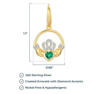 MORGAN & PAIGE 18K Yellow Gold Plated .925 Sterling Silver Created Emerald Diamond-Accent Round Claddagh Heart 1" Drop Earrings (I-J / I3)