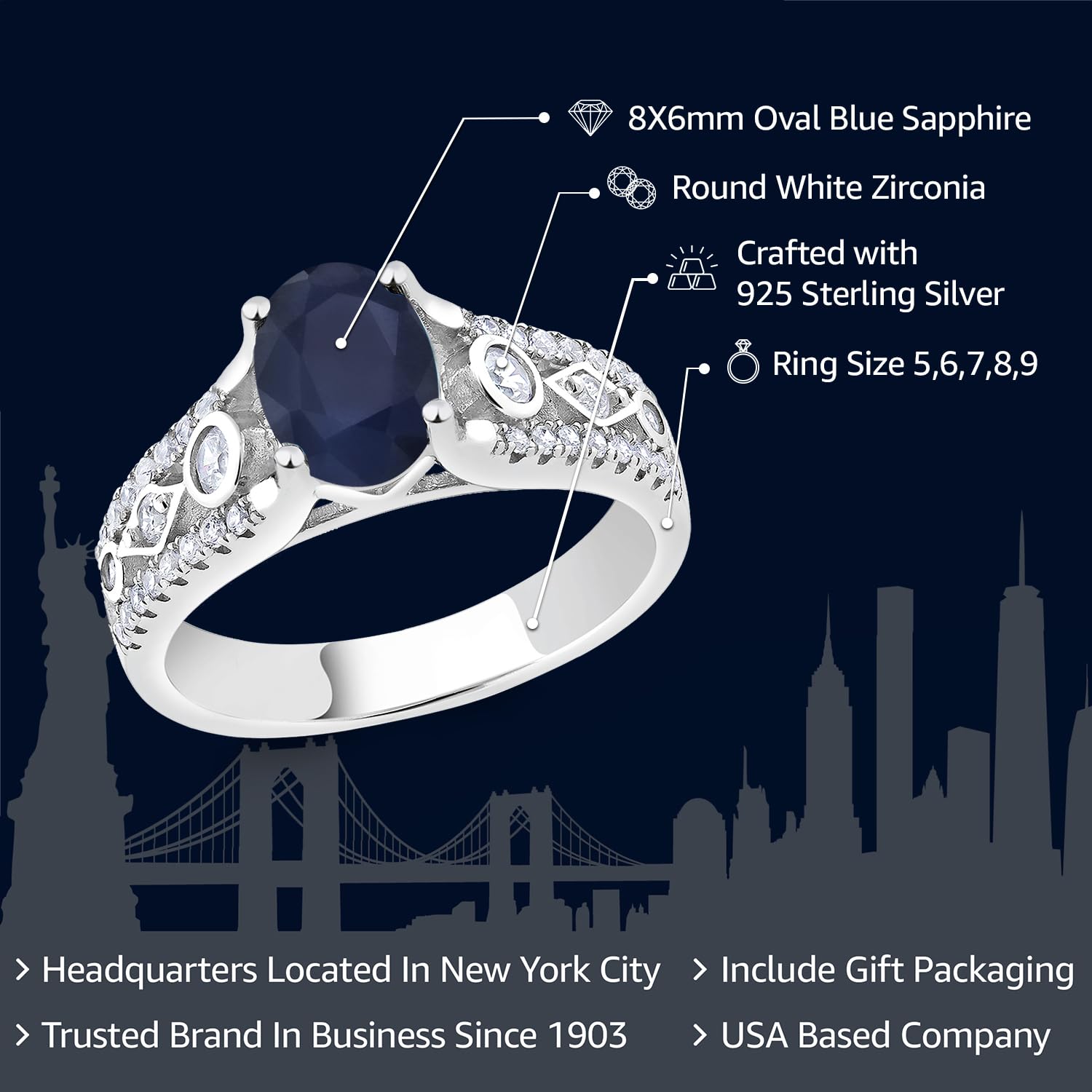 Gem Stone King 925 Sterling Silver Blue Sapphire Engagement Ring For Women (2.35 Cttw, Oval 8X6MM, Gemstone Birthstone, Available In Size 5,6,7,8,9)