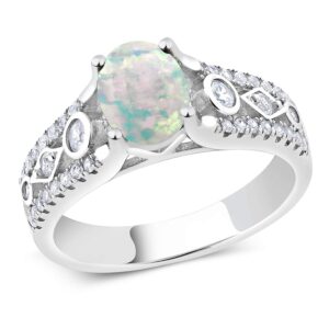 gem stone king 925 sterling silver white simulated opal engagement ring for women (1.56 cttw, cabochon cut 8x6mm, available 5,6,7,8,9) (size 8)