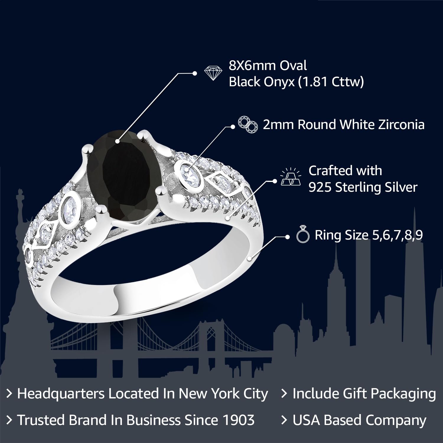 Gem Stone King 925 Sterling Silver Black Onyx Engagement Ring For Women (1.81 Cttw, Gemstone Birthstone, Available In Size 5, 6, 7, 8, 9)