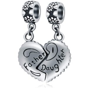 father daughter split heart charms, fit pandora bracelet, 925 sterling silver family theme charm dangle bead, love gifts for dad/men/grandfather/christmas/birthday