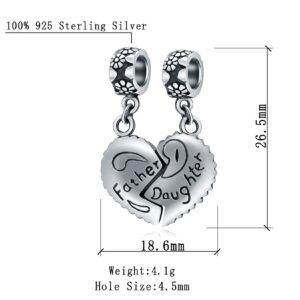 Father Daughter Split Heart Charms, fit Pandora Bracelet, 925 Sterling Silver Family Theme Charm Dangle Bead, Love Gifts for Dad/Men/Grandfather/Christmas/Birthday