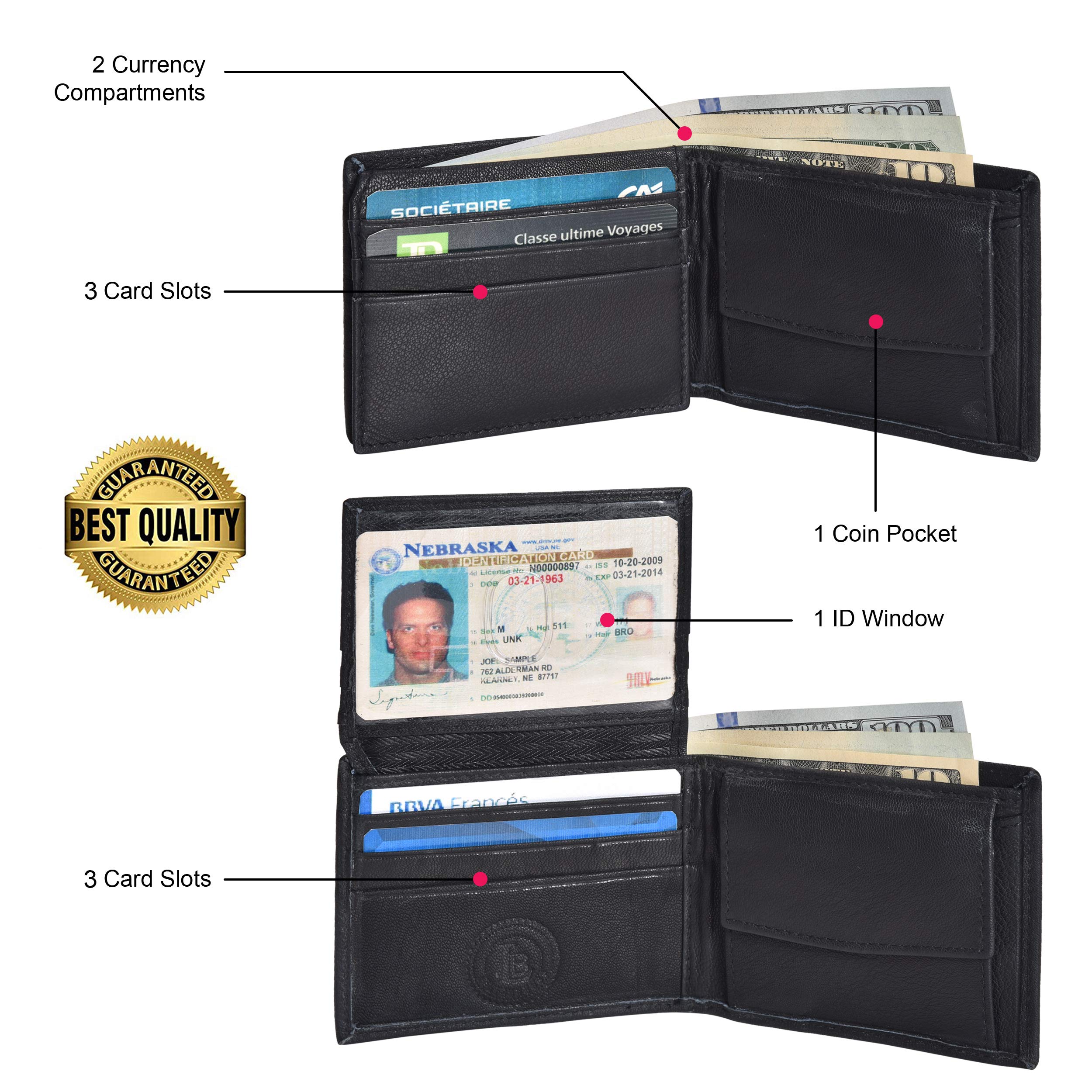 Leatherboss Leather Boys Slim Compact Flap Id Coin Pocket Bifold Wallet with debit credit card holder, Black