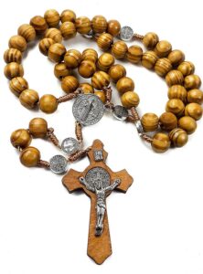 nazareth store wood beads rosary necklace saint benedict medal & catholic cross religious prayer chaplet string handmade - velvet bag